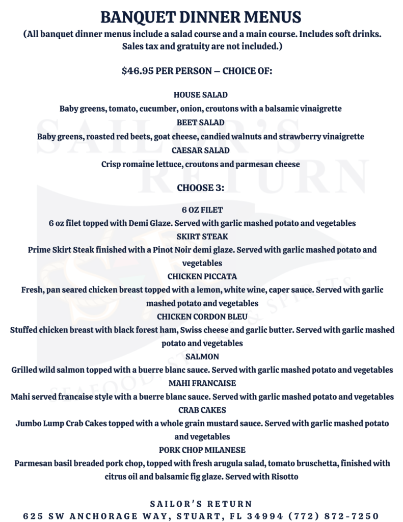BANQUET APPETIZER PLATTERS and DINNER MENUS FLYER - Sailor's Return ...