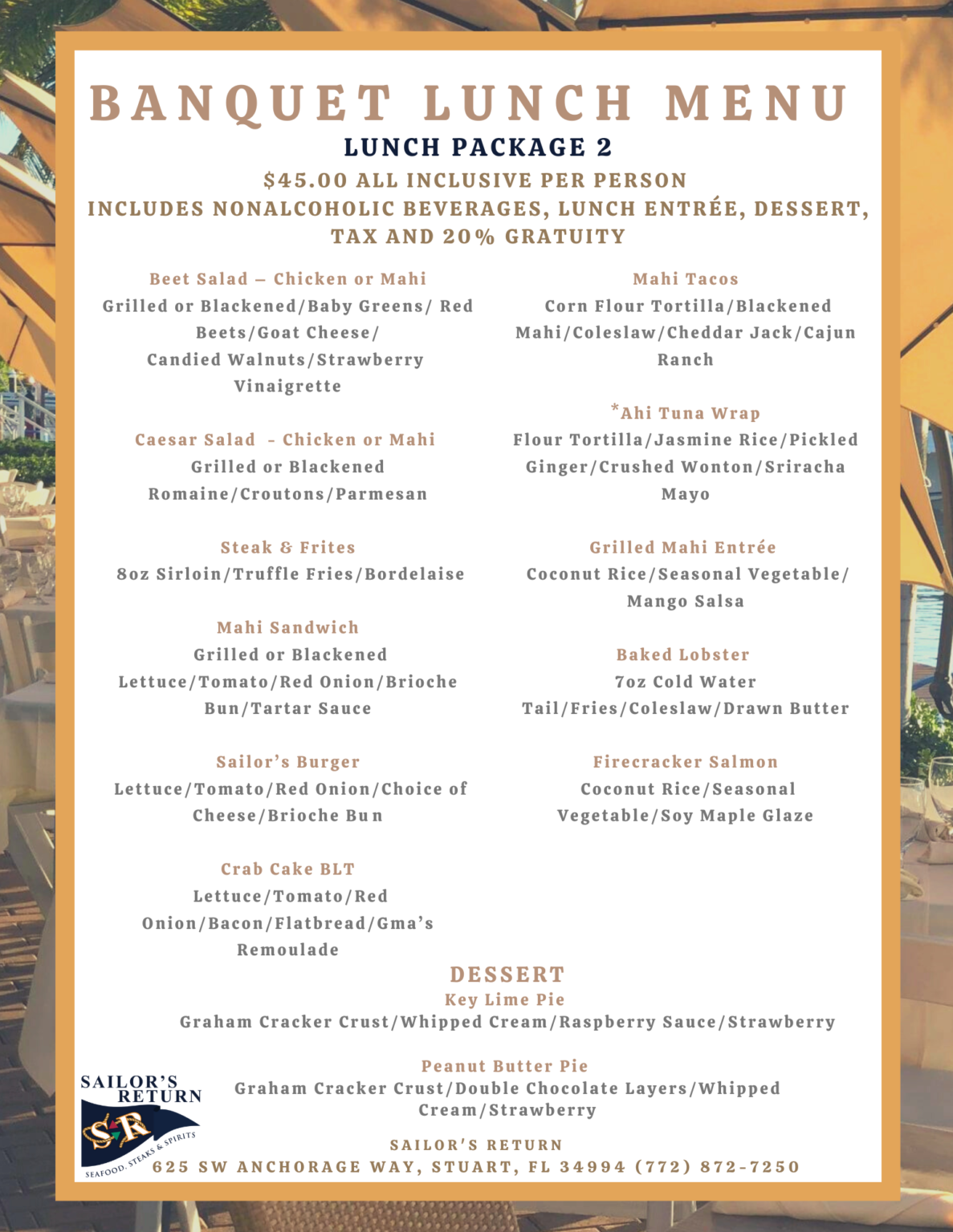 Banquet Lunch Package 2 - For Details or Appointments (772) 872-7250