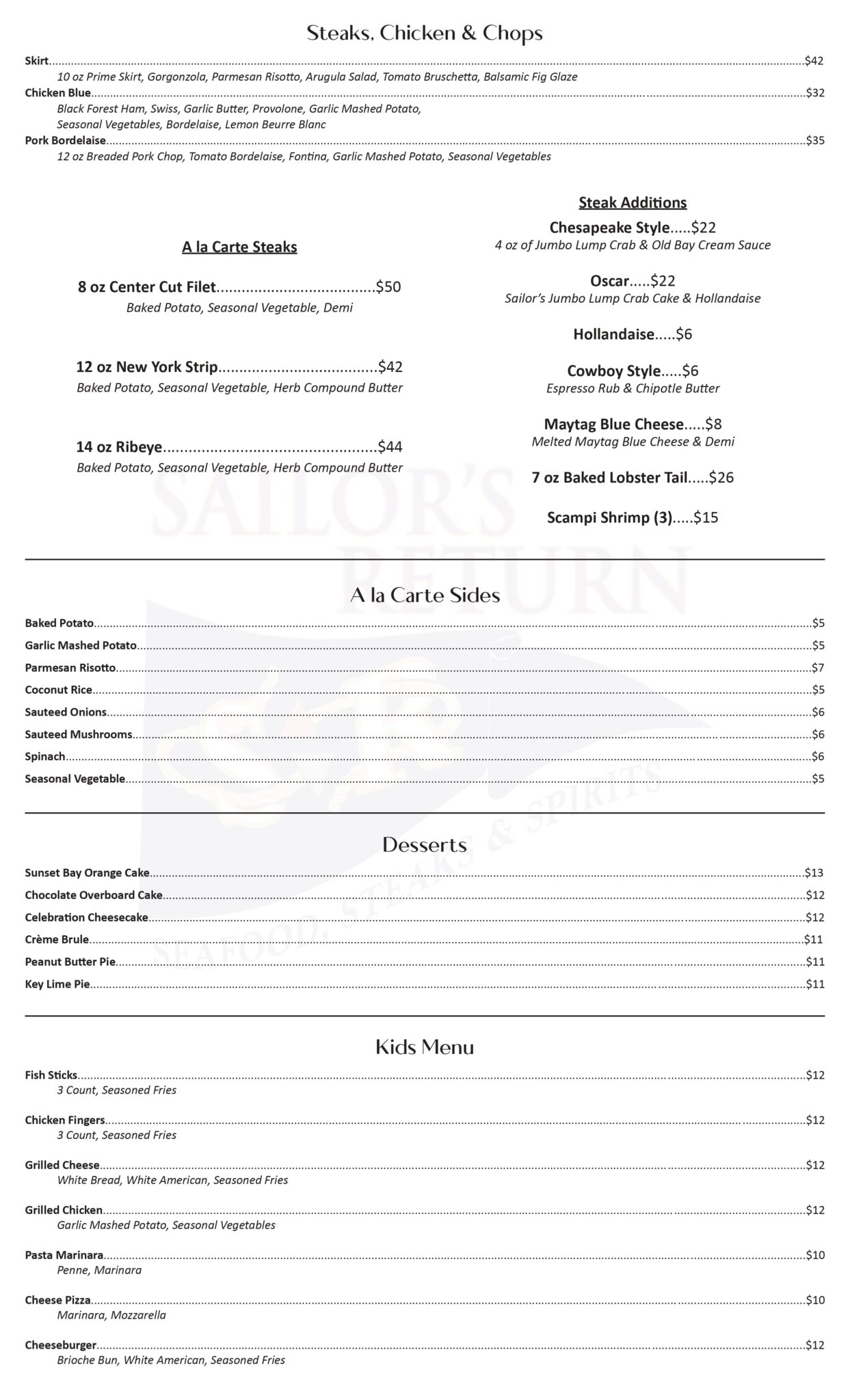 Sailor's Return Dinner Menu (772) 872-7250 - Live Music - Happy Hour