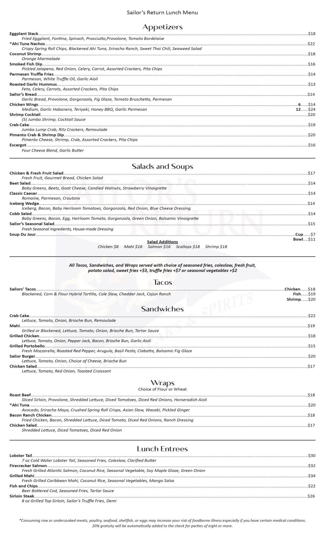 Sailors Return Lunch Menu - Sailors Return Lunch Menu