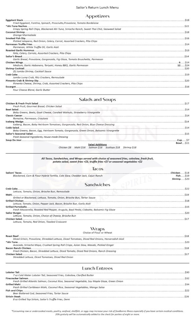 Sailors Return Lunch Menu - Sailors Return Lunch Menu